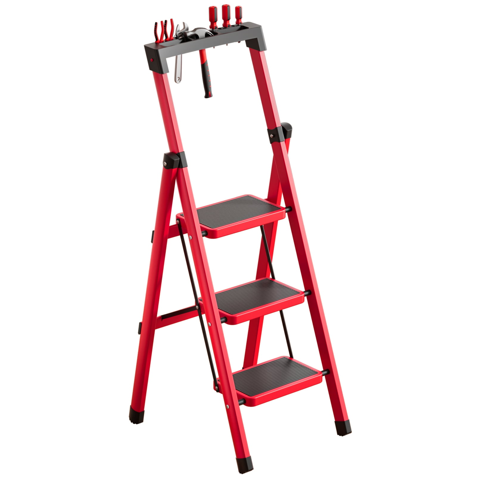 Lorelo 3 Step Ladder, Portable Steel Folding Stool with Tool Platform ...
