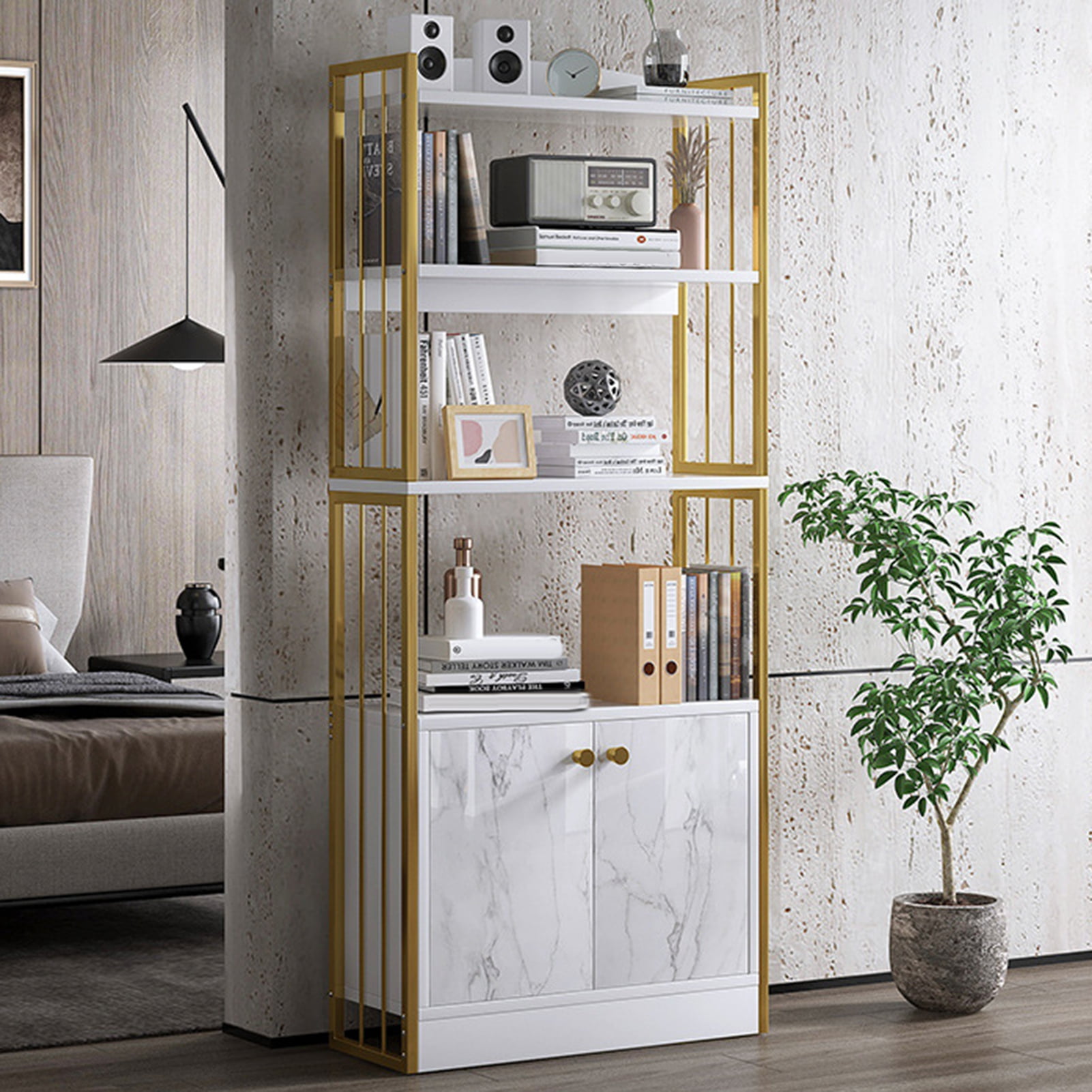Lorelo 4-Tier Bookshelf with Doors, Tall Bookcase with Storage Cabinet ...