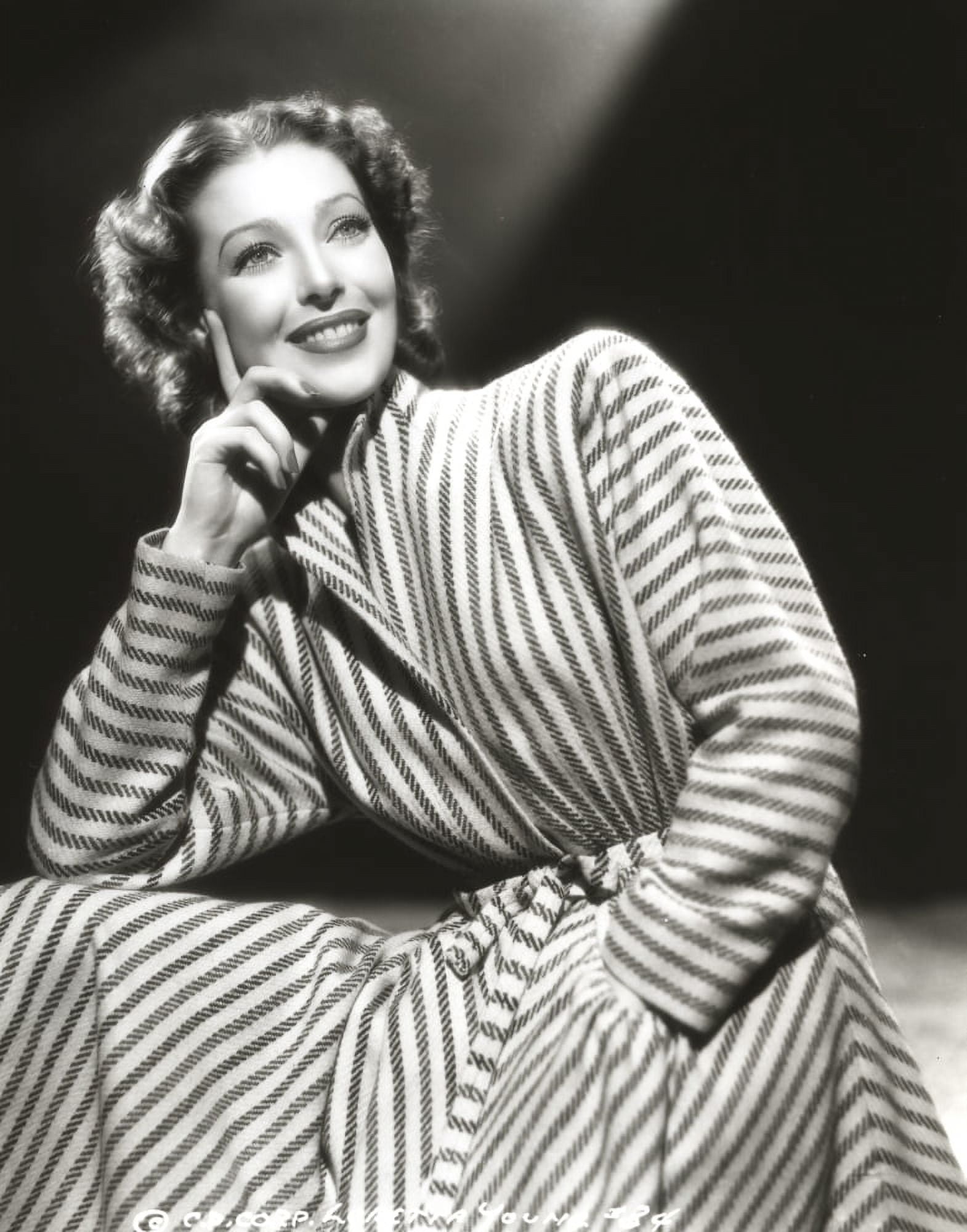 Loretta Young Stripe Dress Lady Pose with Curly Hair Photo Print (24 x ...