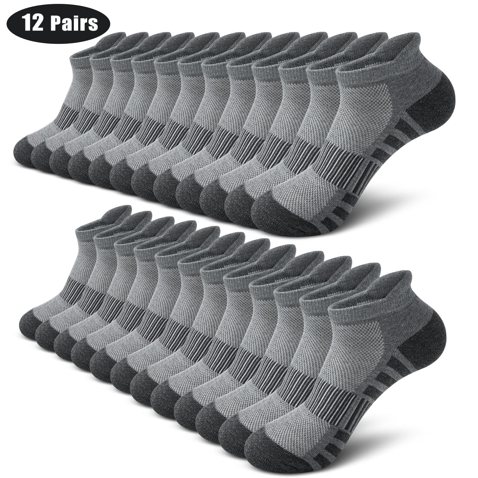Loritta 12 Pairs Mens Socks Gray Running Ankle Socks Low Cut Cushioned ...