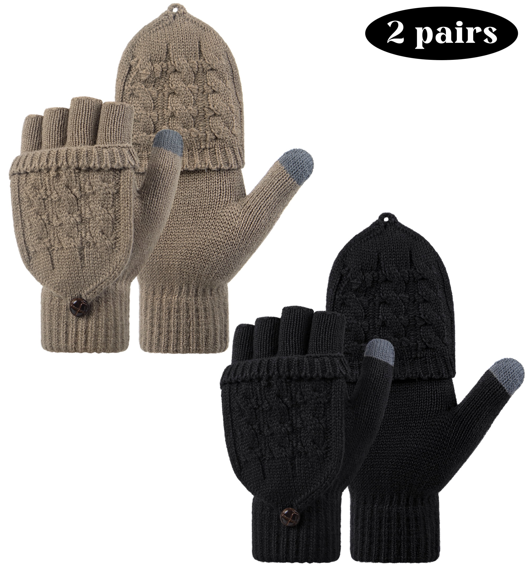 Loritta 2 Pairs Women's Winter Gloves, Warm Knit Flip Mittens, Fingerless, Touchscreen, Black ...