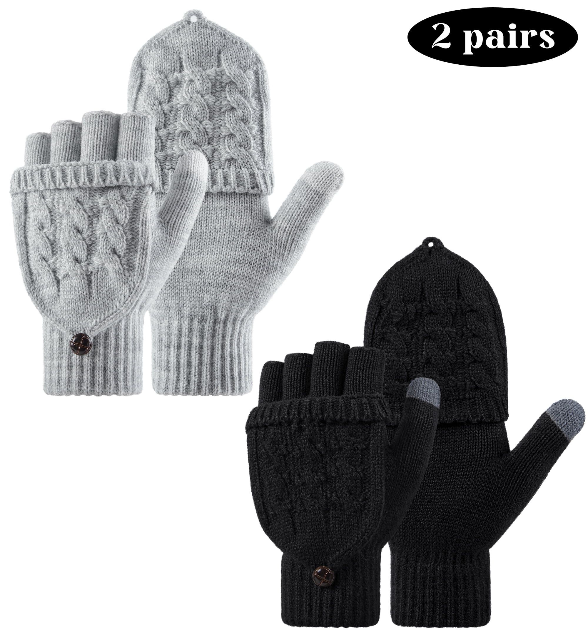 Loritta 2 Pairs Winter Gloves, Warm Knit Flip Mittens, Fingerless, Women's, Black/Gray - Walmart.com