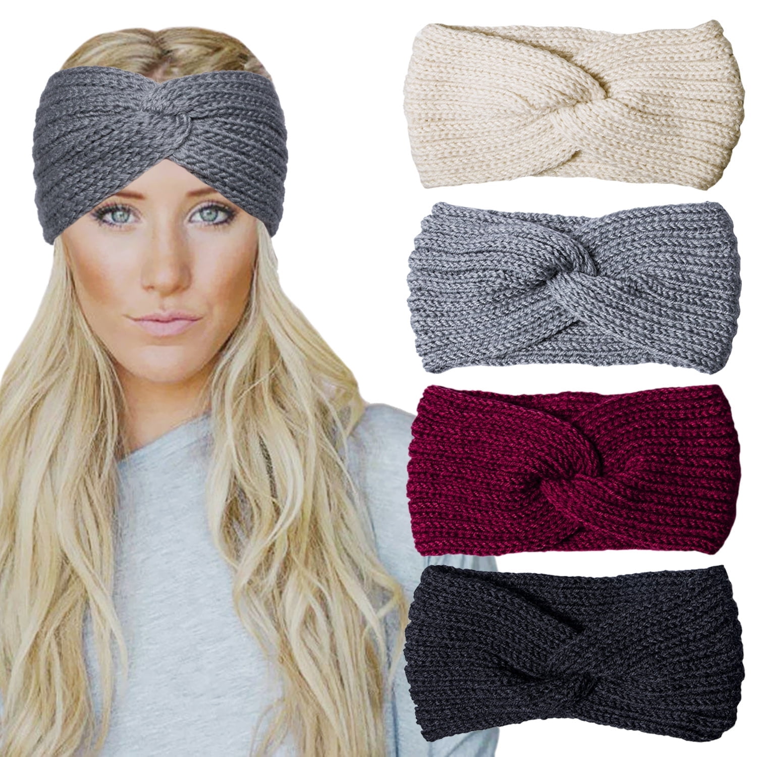 Loritta 4 Pcs Women's Warm Winter Headbands, Stretchy Soft Yarn, Cable ...