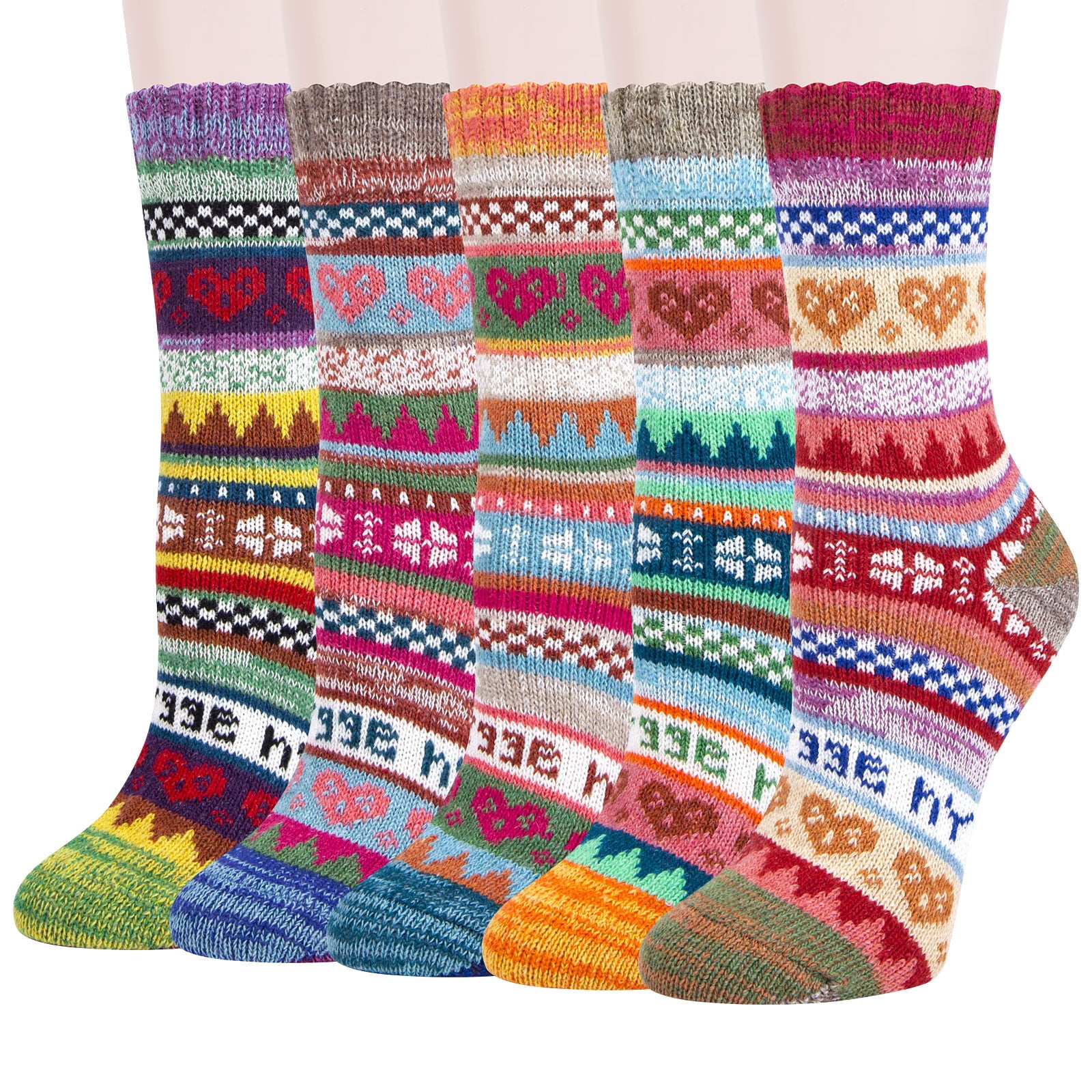 Loritta 5 Pairs Warm Wool Socks for Women Ethnic Thick Knit Thermal ...