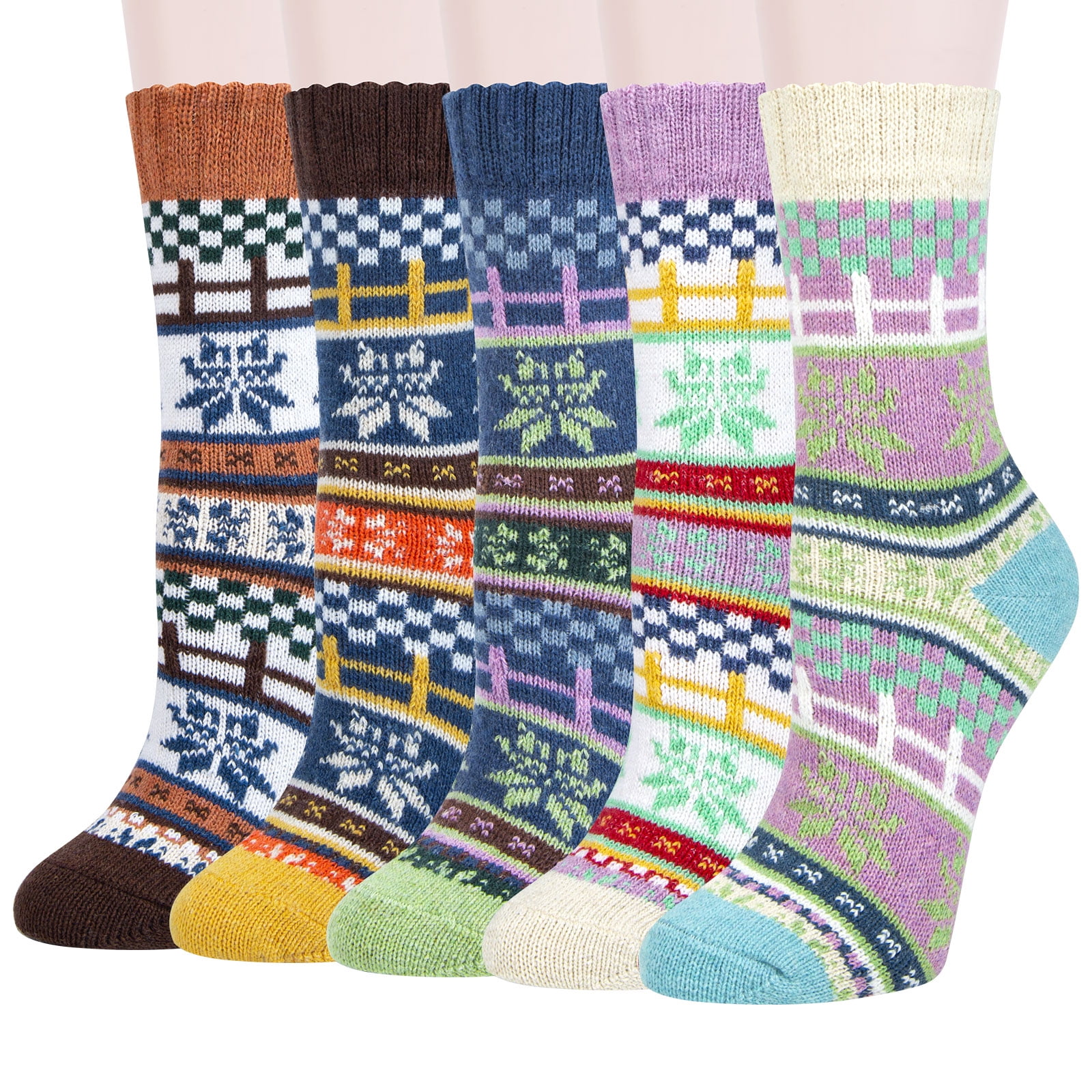 Loritta 5 Pairs Wool Socks for Women Warm Ethnic Thick Knit Thermal ...