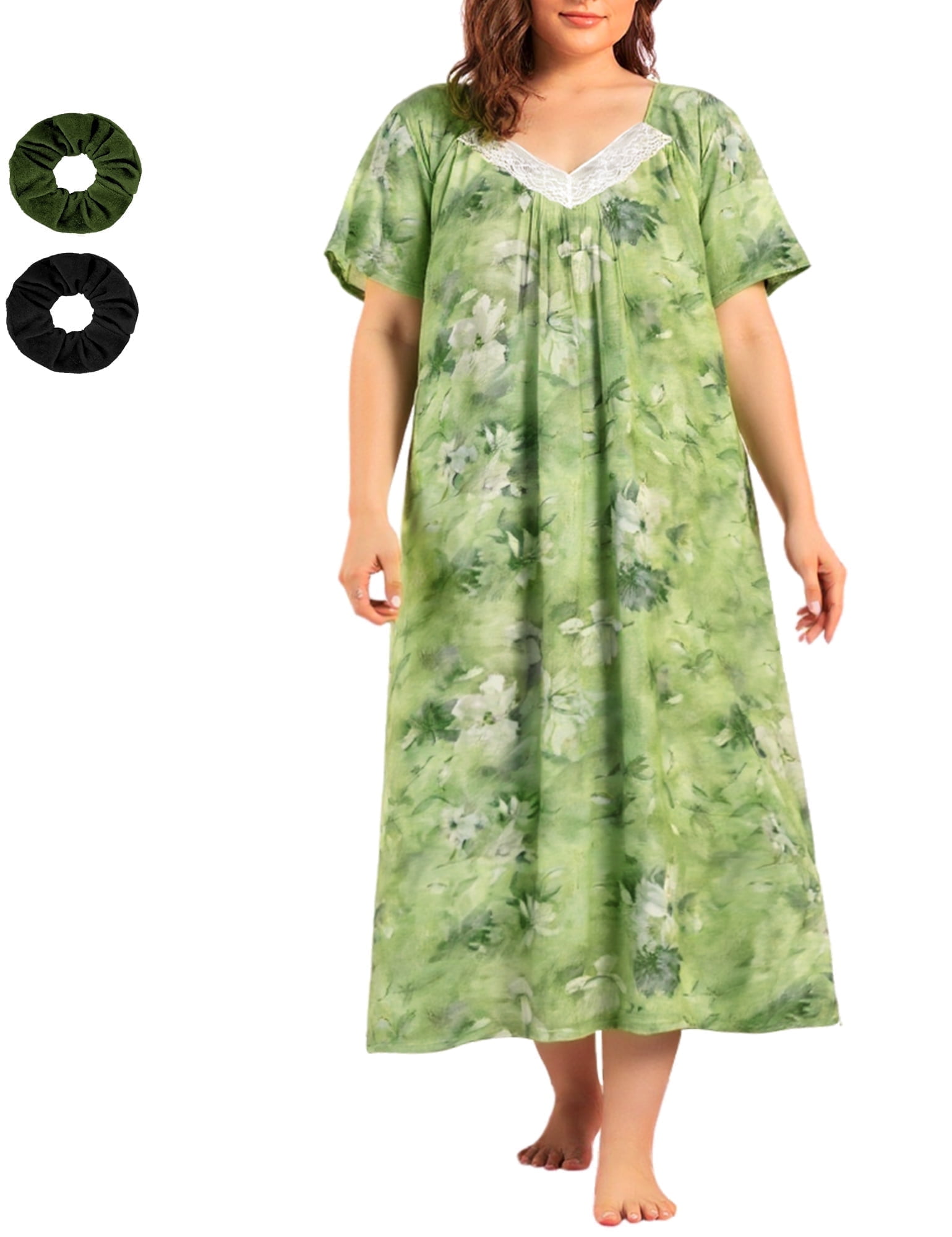 Loritta Plus Size Nightgowns for Women House Dress Short Sleeve Loungewear Floral Print V-Neck ...