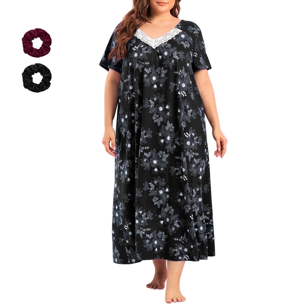 Loritta Plus Size Floral Loungewear Nightgowns, Short Sleeve Sleepwear ...