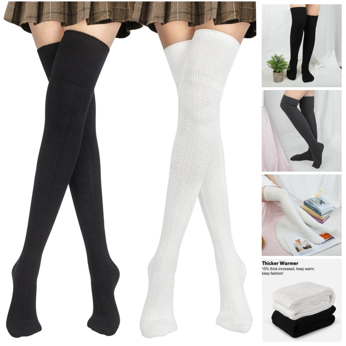 Loritta Thick Thigh High Socks for Women Extra Long Cotton Knit Warm ...
