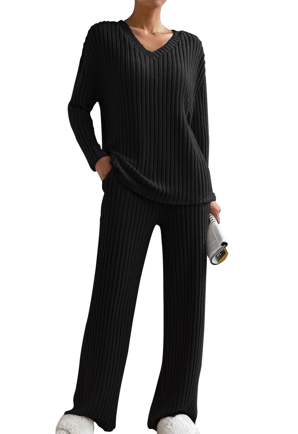 Loritta Womens Pajama Sets 2 Piece Long Sleeve Ribbed Pit Sleepwear Top ...