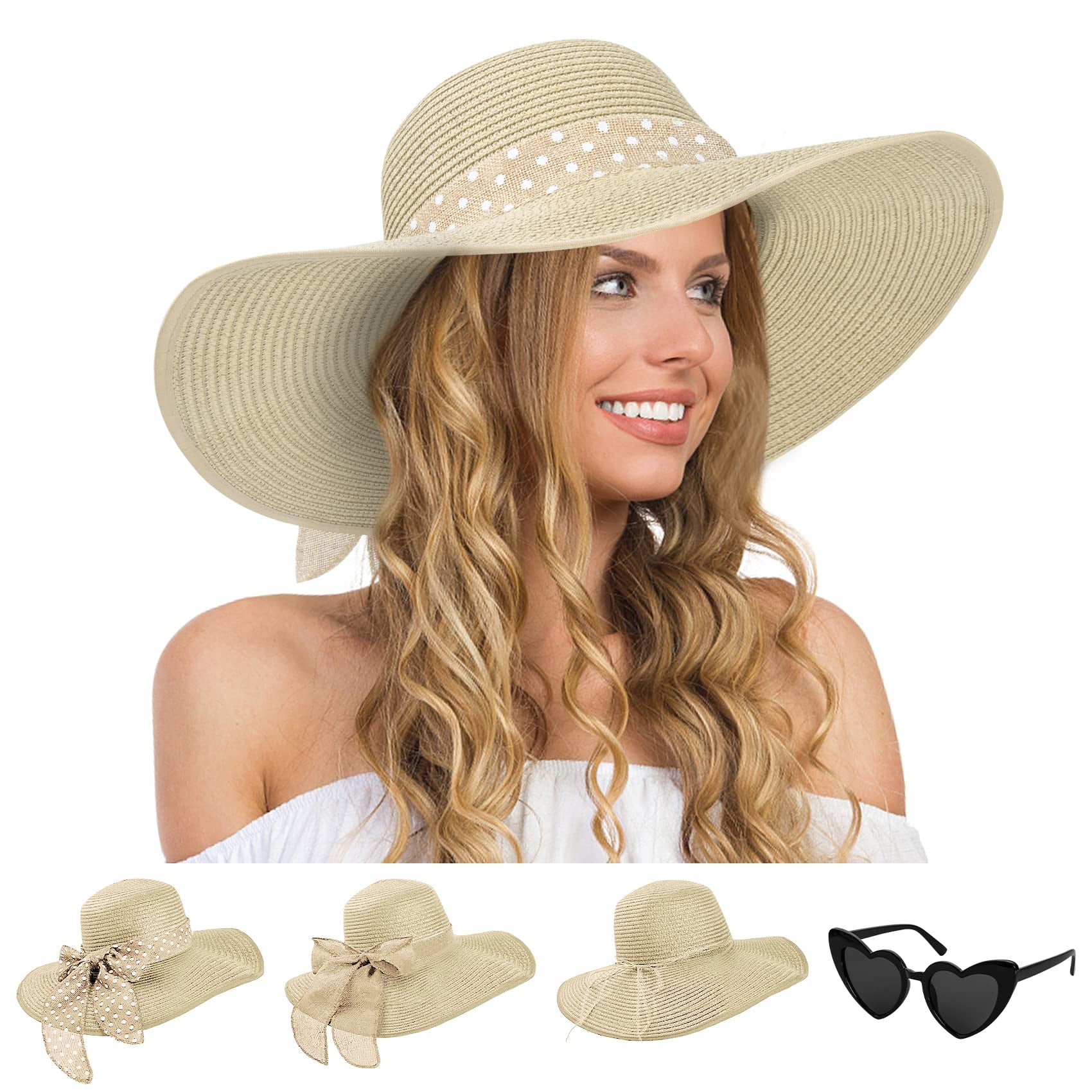 Loritta Women's Wide Brim Sun Hat UPF 50+ Straw Floppy Hat with Heart ...