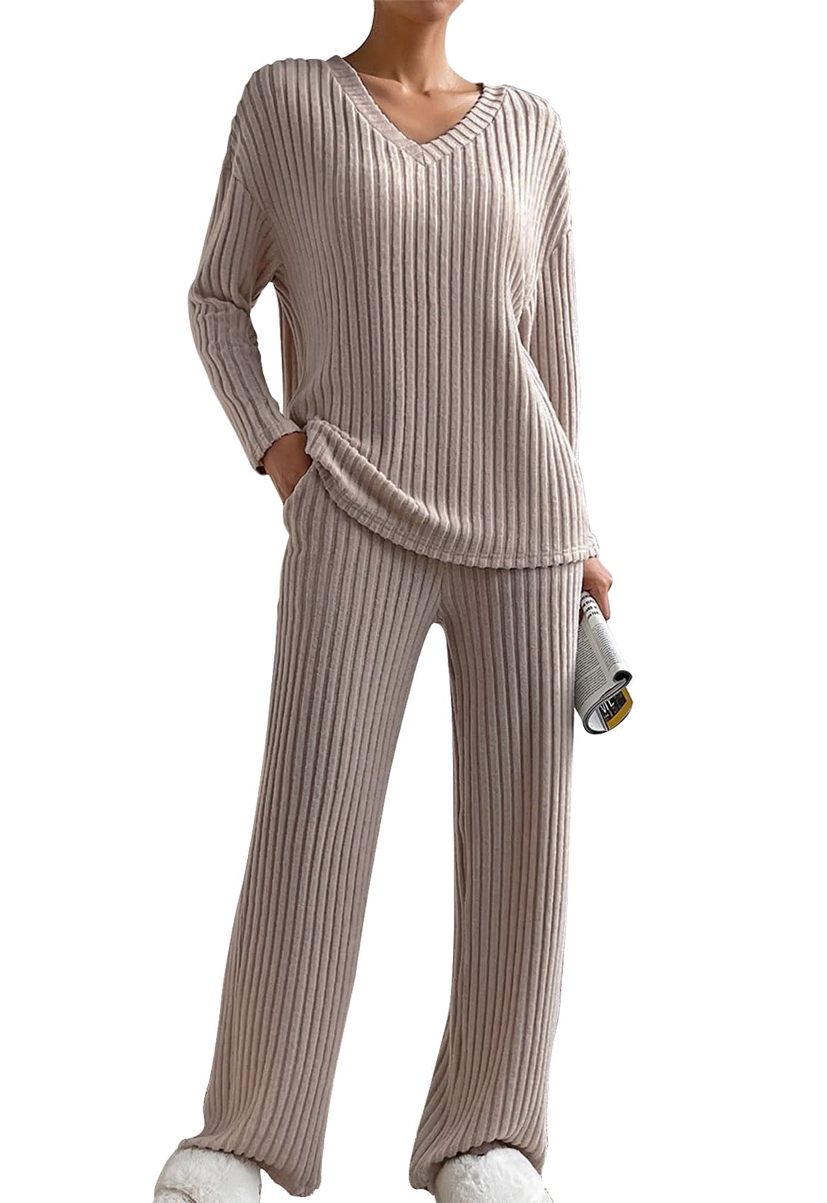 Loritta Womens Pajama Sets 2 Piece Long Sleeve Ribbed Pit Sleepwear Top ...
