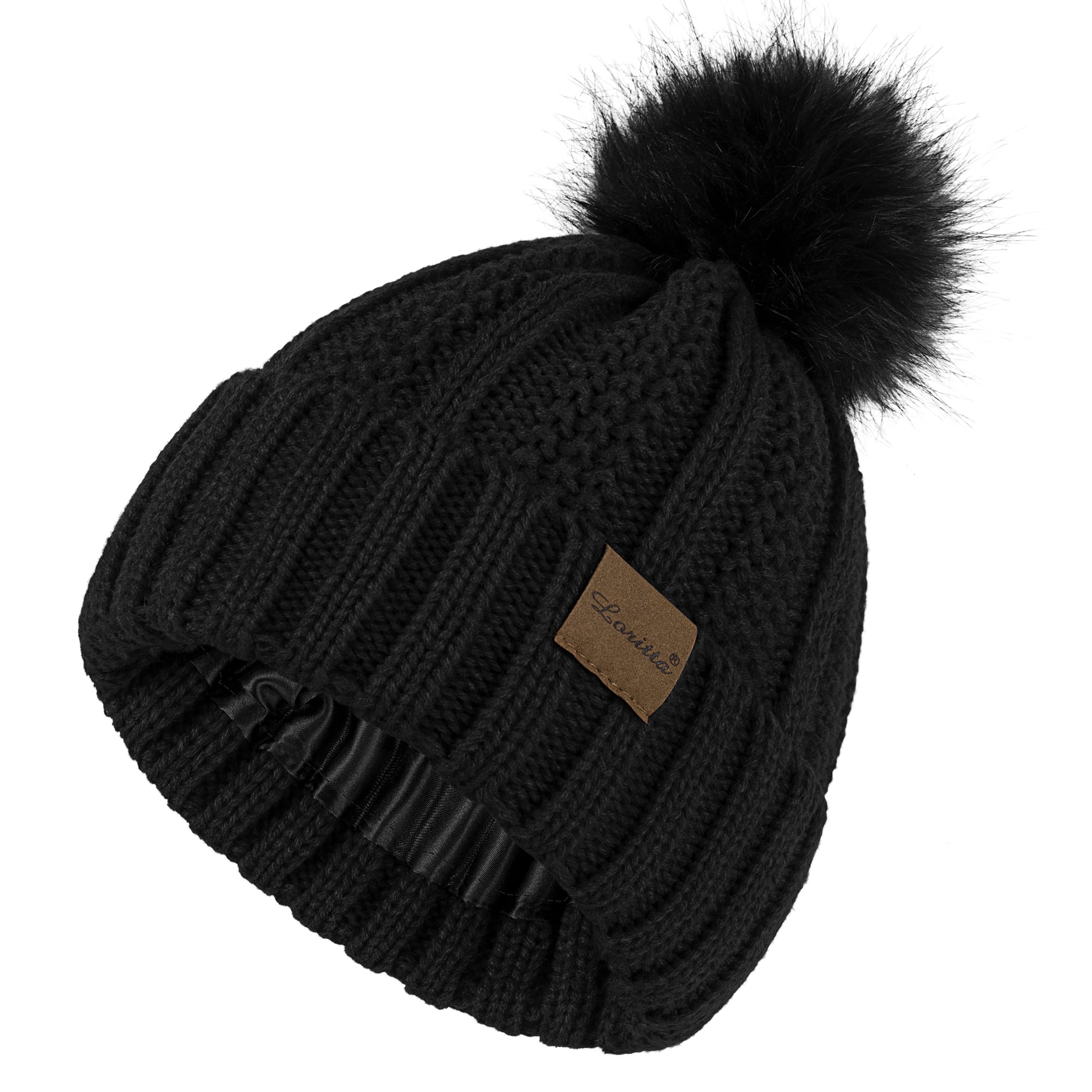Loritta Women's Winter Satin Silk Lined Knit Beanie Hat with Pom, Black ...