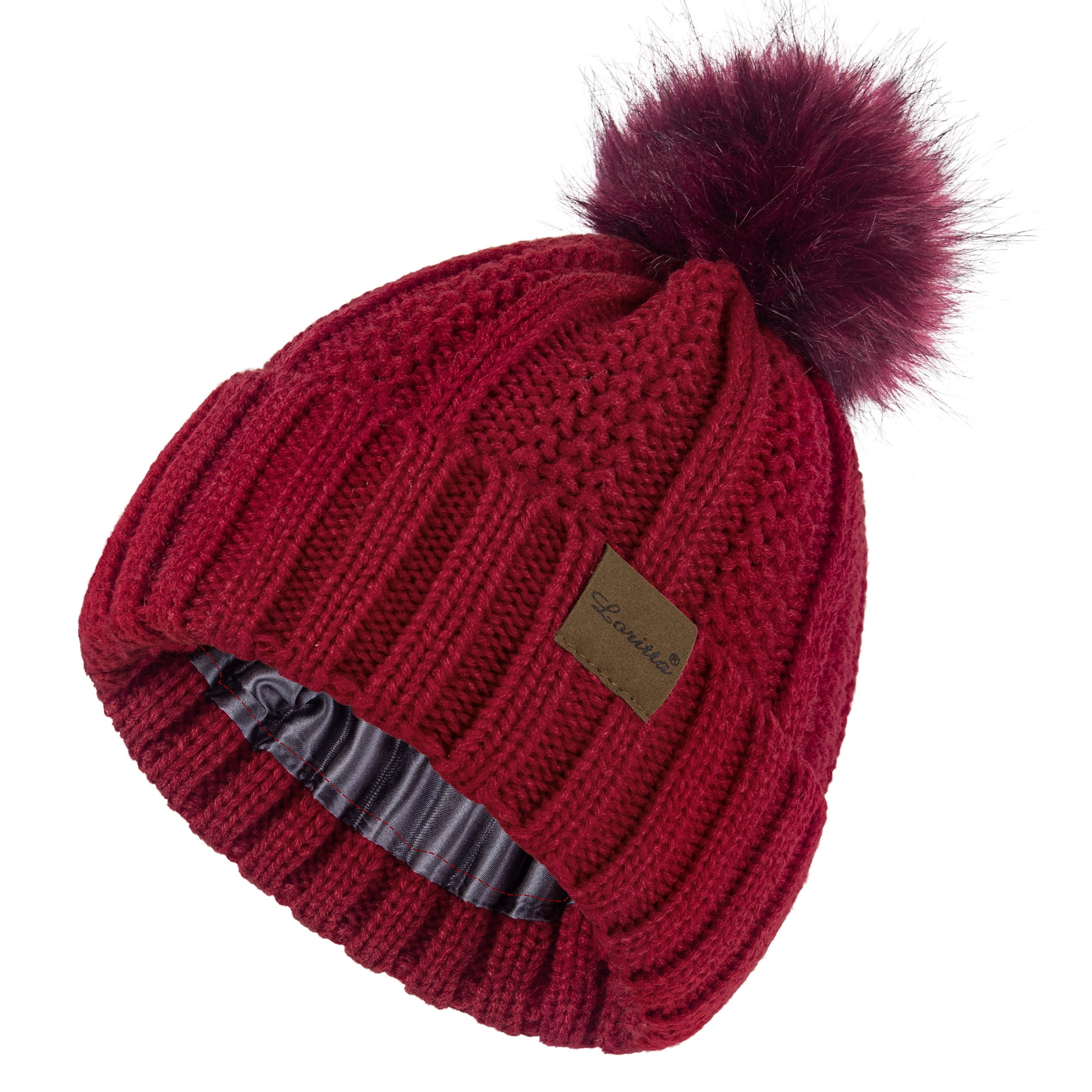 Loritta Women's Winter Beanie Hat - Satin Silk Lined, Knit Cuff, Red ...