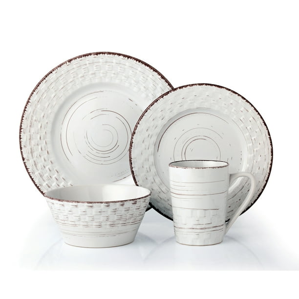 Lorren Home Trends 16 Piece Distressed Weave Dinnerware Set-White ...
