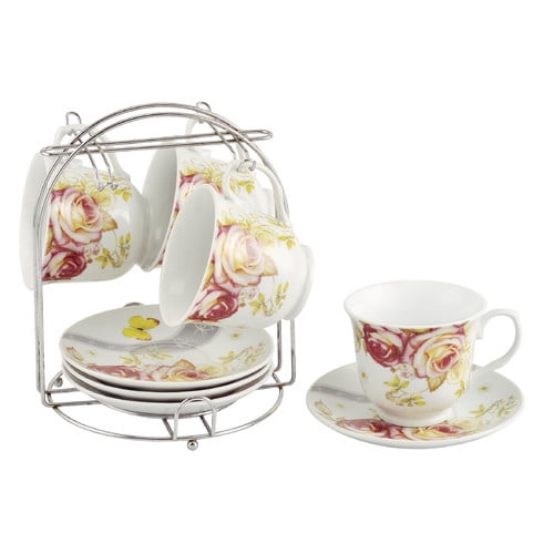 Lorren Home Trends Coffee Cups on Metal Stand Floral Set (Set of 4 ...