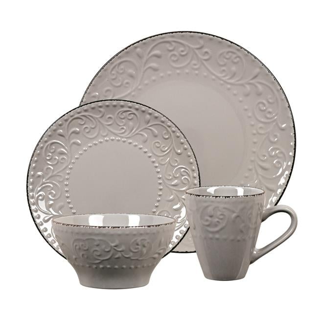 Lorren Home Trends LH527 16 Piece Stoneware Scroll Dinnerware Set, Gray ...