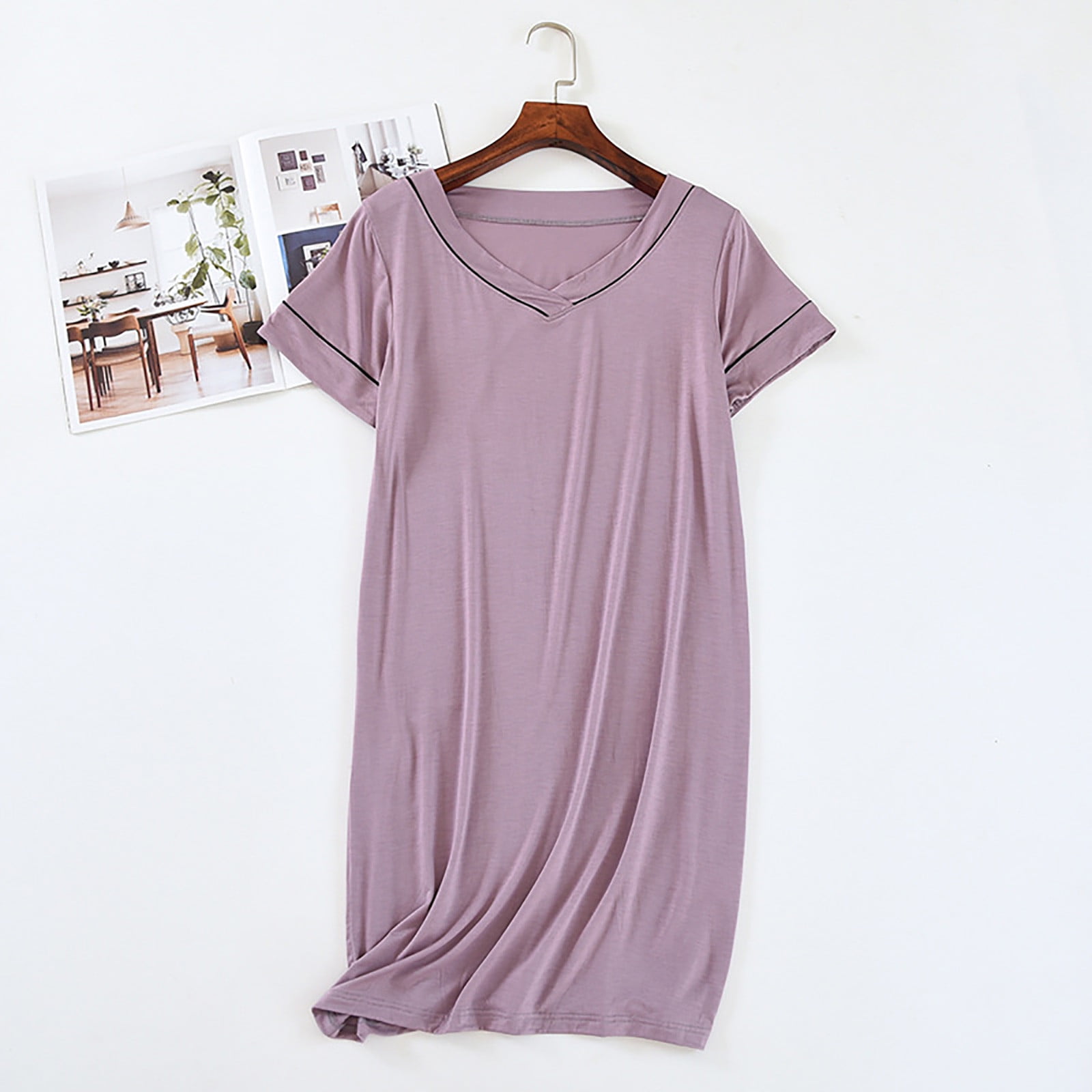 Lorytime Ladies Nightgowns V Neck Midi Short Sleeve Model Nightgowns ...