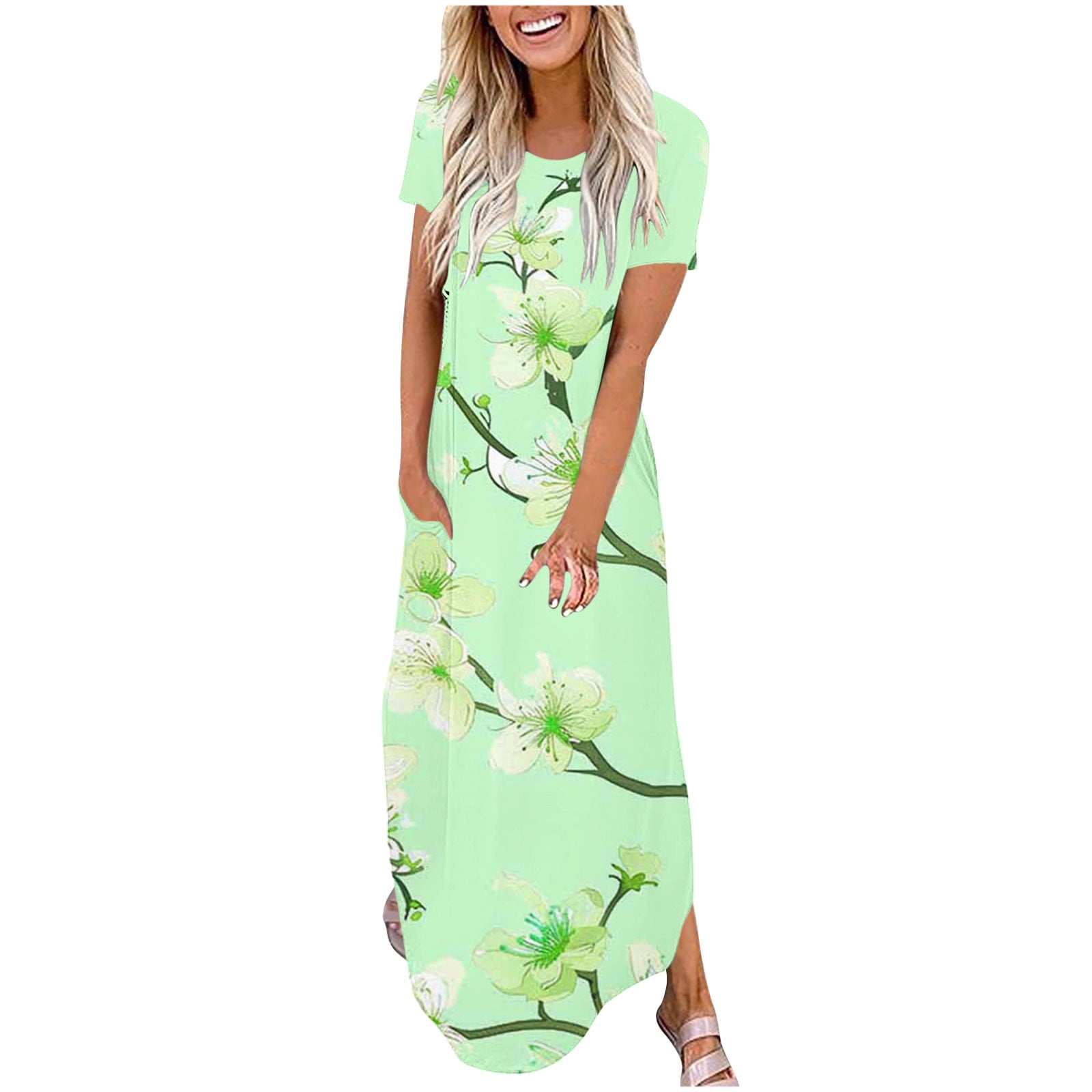 Lorytime Long Flowy Dresses for Women Green Summer with Pocket Short ...