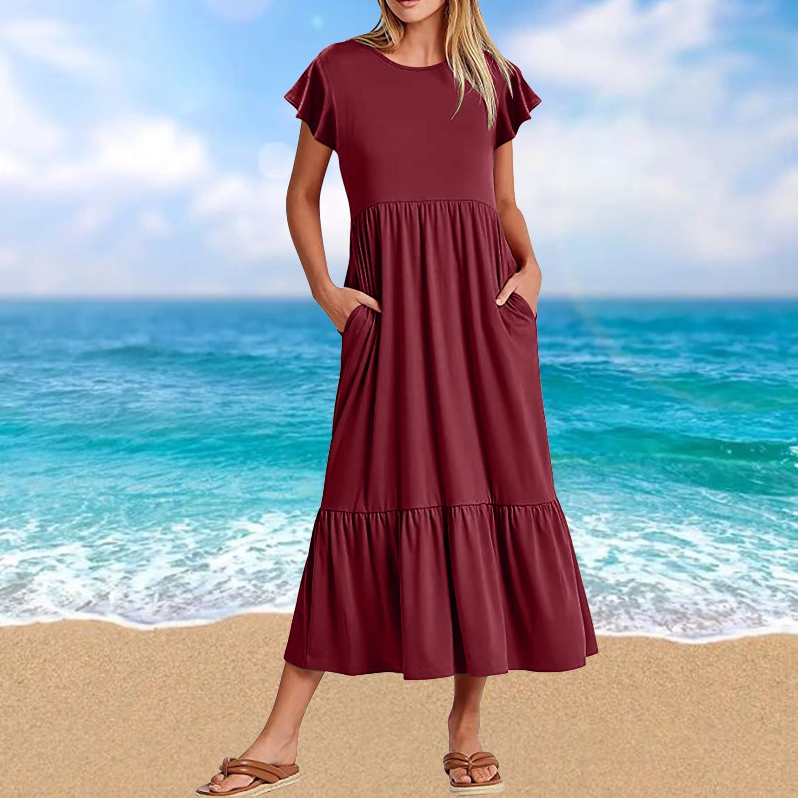 Lorytime Long Summer Dresses for Women Plain Calf Length Maxi Dress ...
