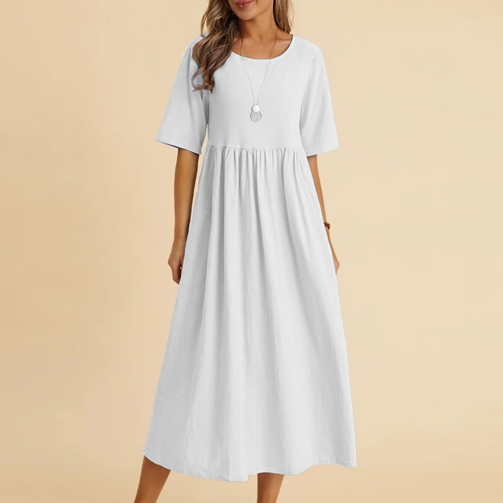 Lorytime Midi Dresses for Women Summer Plain Midi Dress Elbow Sleeve ...