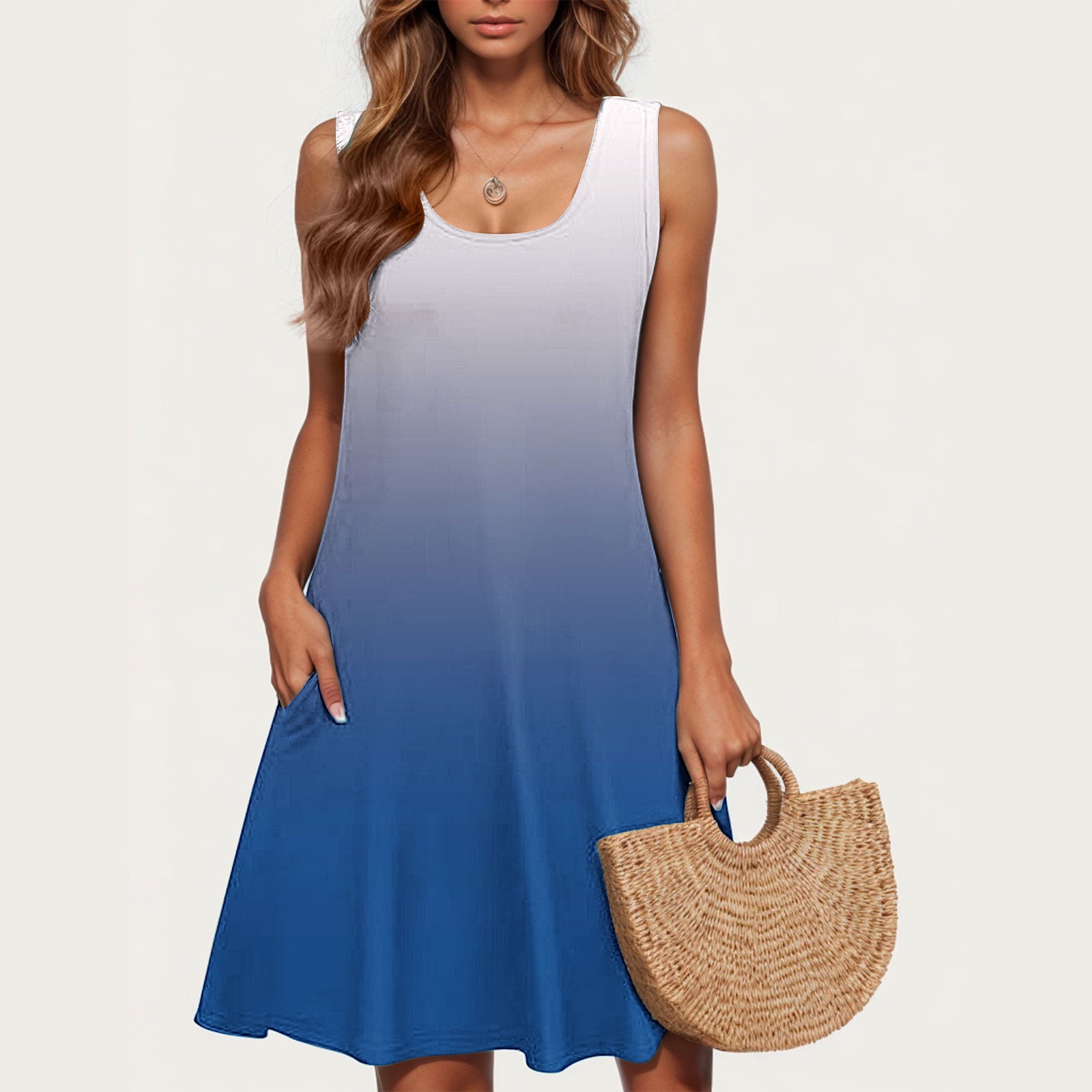 Lorytime Mini Dresses for Women Summer Blue with Pocket Sleeveless Tank ...