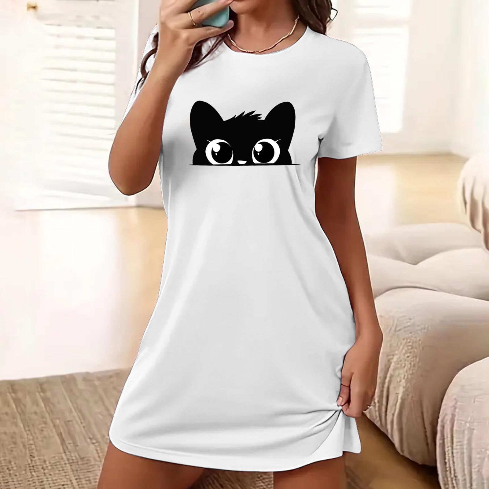 Lorytime Womens Nightgown Round Neck Knee Length Short Sleeve ...