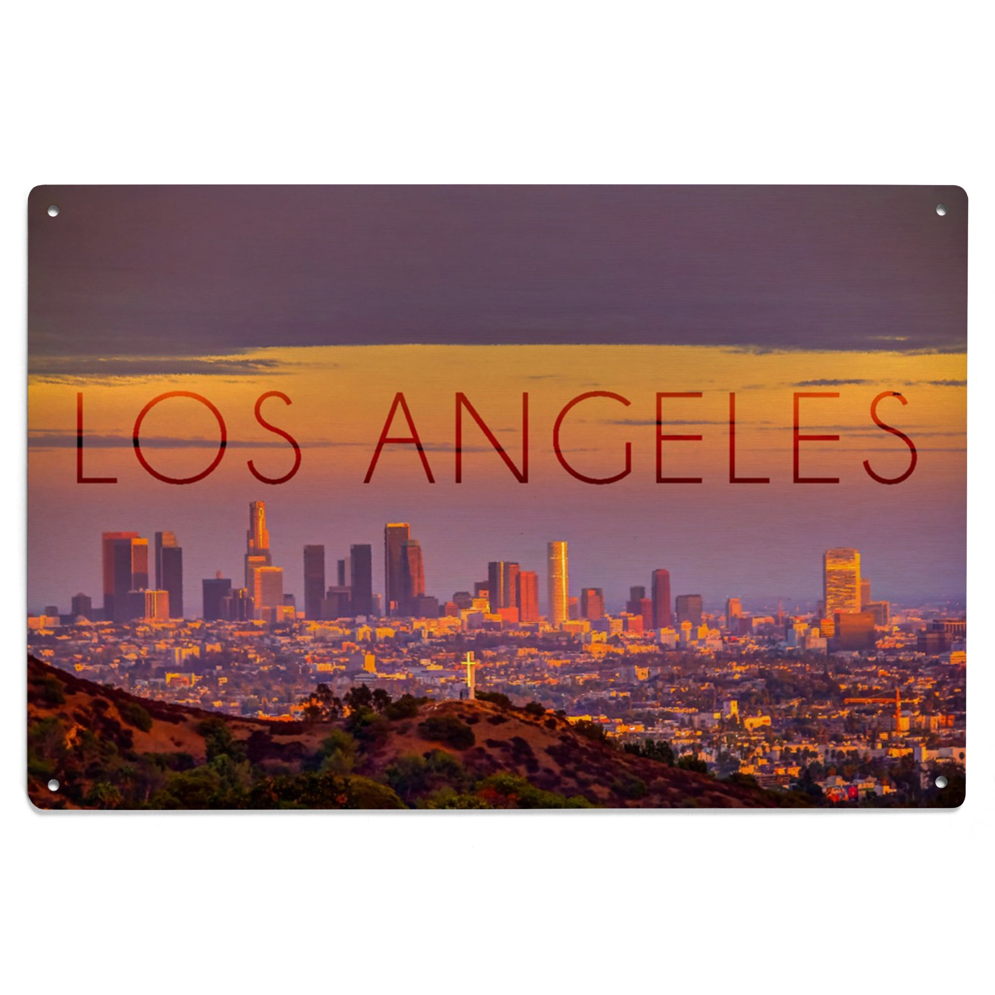 Los Angeles, California, Skyline at Sunset Birch Wood Wall Sign (6x9 ...