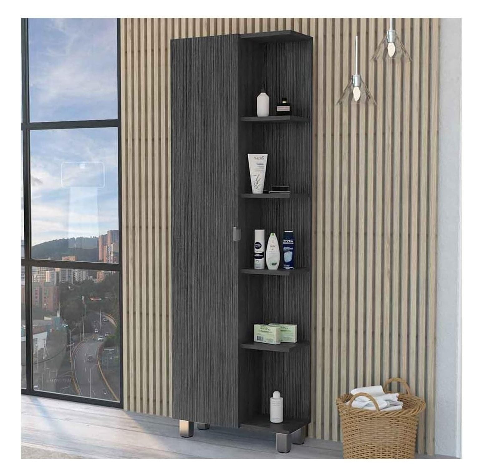 Los Angeles Linen Cabinet with 5 Open Shelves and 4 Inner Shelves ...