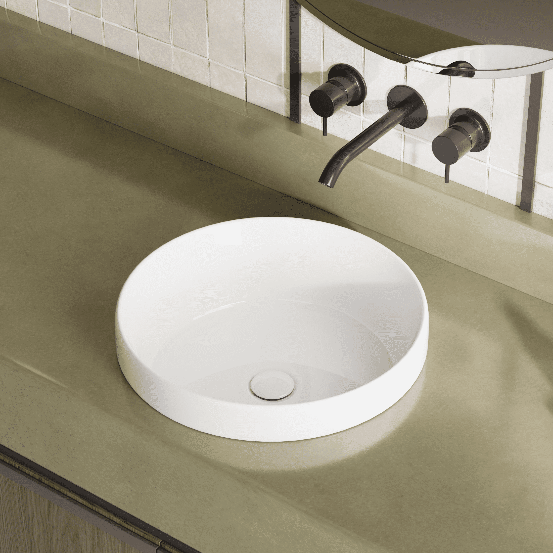 Los Flexi 16" Bathroom Round Vessel Sink, Semi-Recessed Glossy Ceramic ...