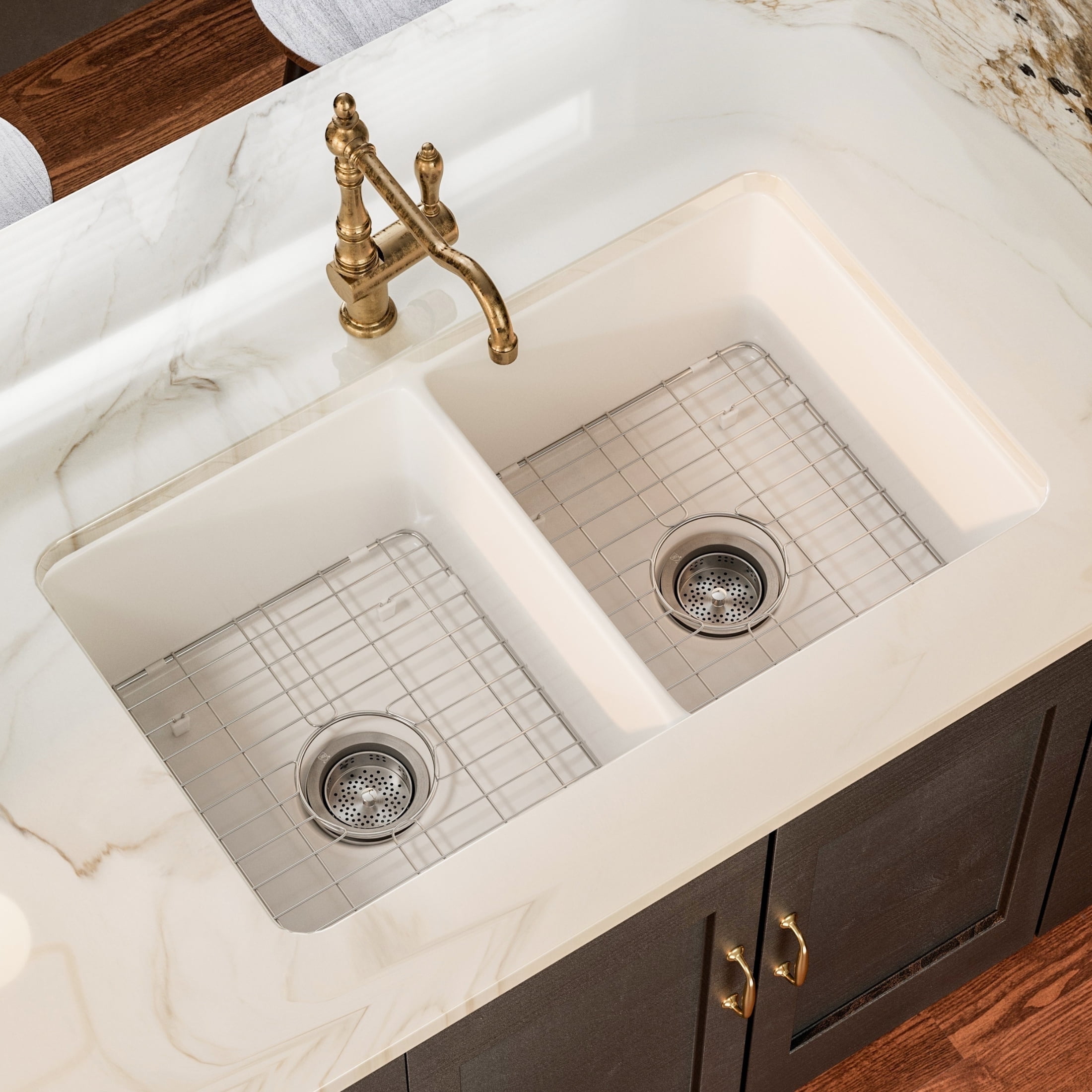 Los Flexi 32" Double Bowl Farmhouse Sink, 50/50 Split White Kitchen ...