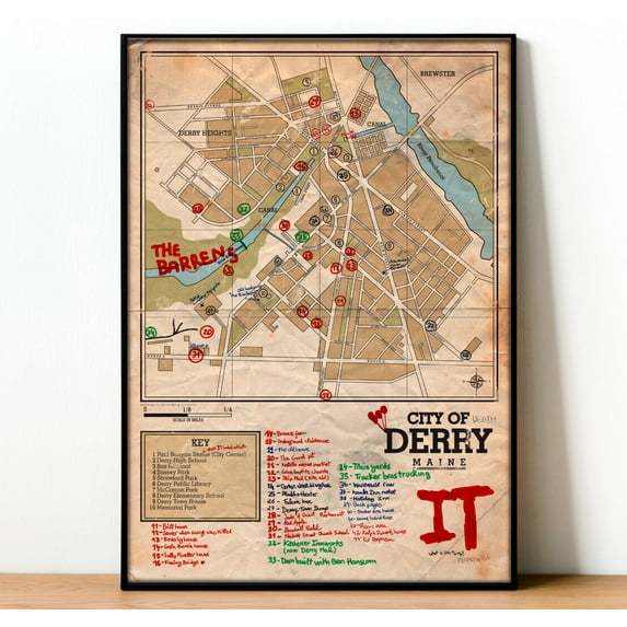 Losers Club Derry Map, Stephen King It wall Art, Terror Wall decoration ...