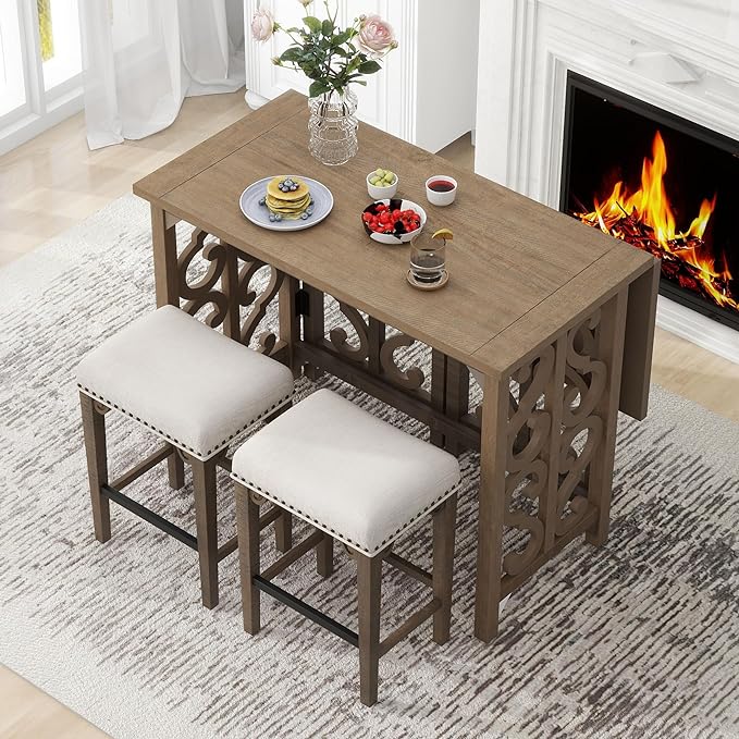 Lostcat 3-Piece Retro Dining Table Set, Solid Wood Counter Height Pub ...