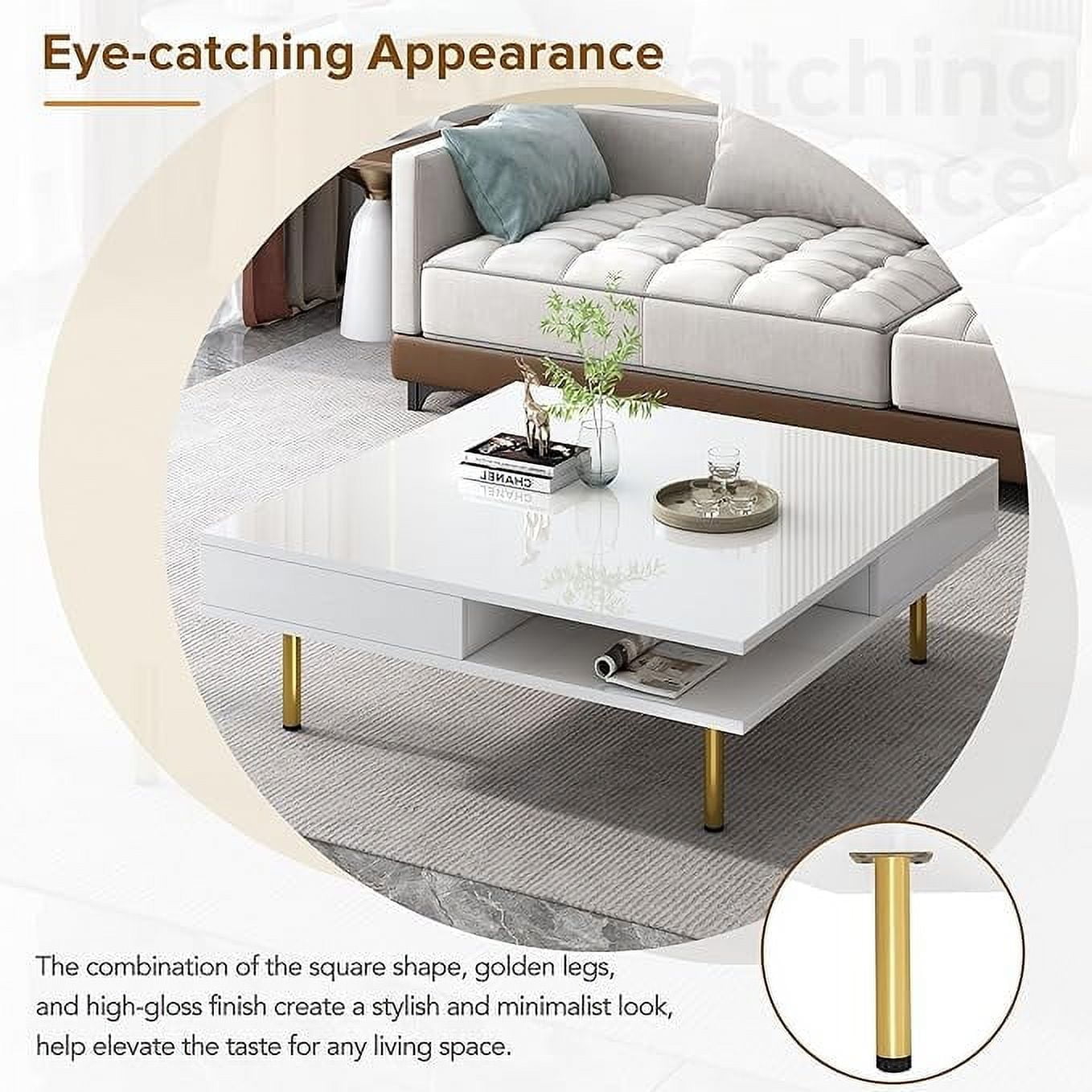 Lostcat 33 Inch Square Coffee Table, High Gloss Center Table with 4 ...