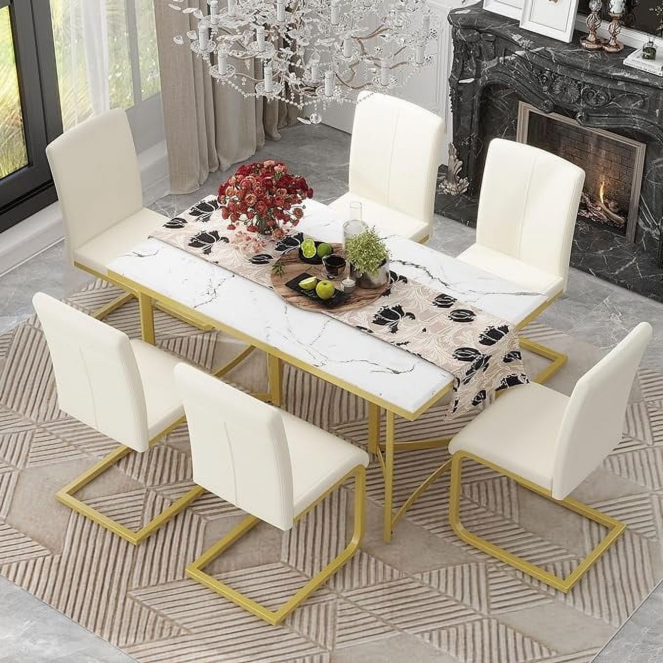 Lostcat 7-Piece Dining Table Set, Modern Rectangular Marble Sticker ...