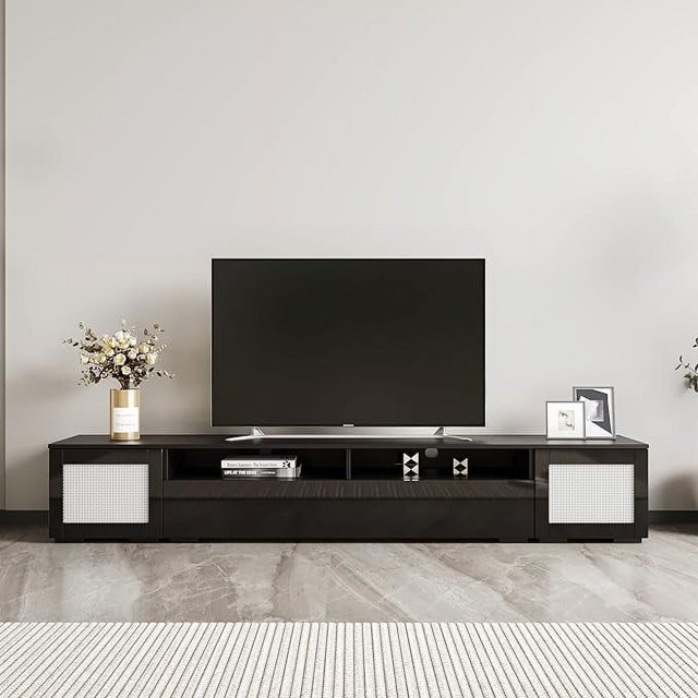Lostcat 83 Inch TV Stand, Rattan Style Entertainment Center with Push ...