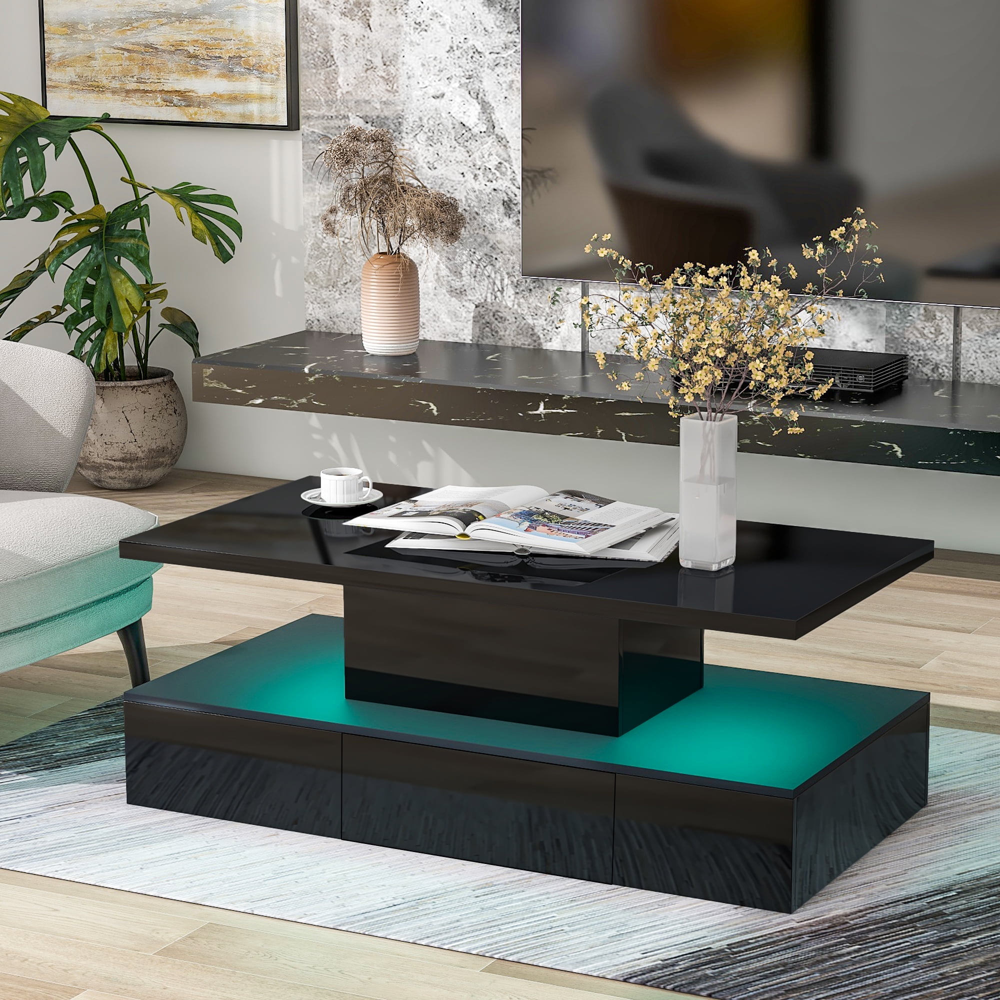 Lostcat Coffee Table with Drawer, Modern 2-Tier Rectangle Center Table ...