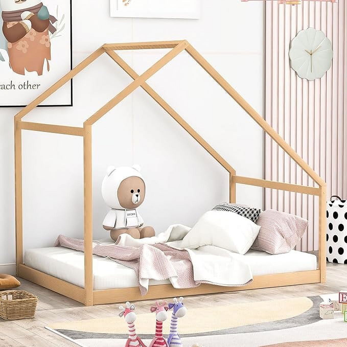 Lostcat Full Size House Bed for Kids,Wooden Montessori Floor Bed Frame ...