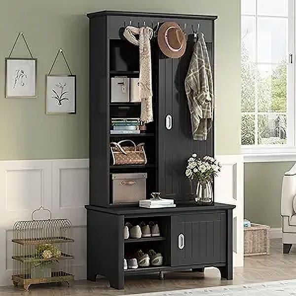 Lostcat Hall Tree with Sliding Doors,Multifunctional Hall Tree with ...