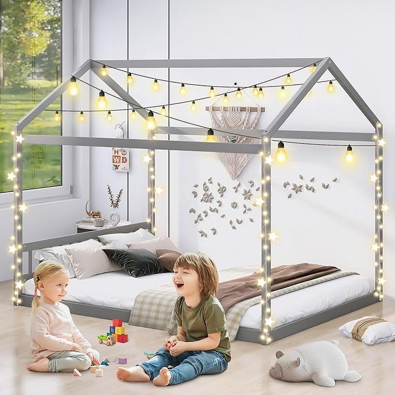 Lostcat Queen Size Kids House Bed Frame with Headboard, Wooden ...