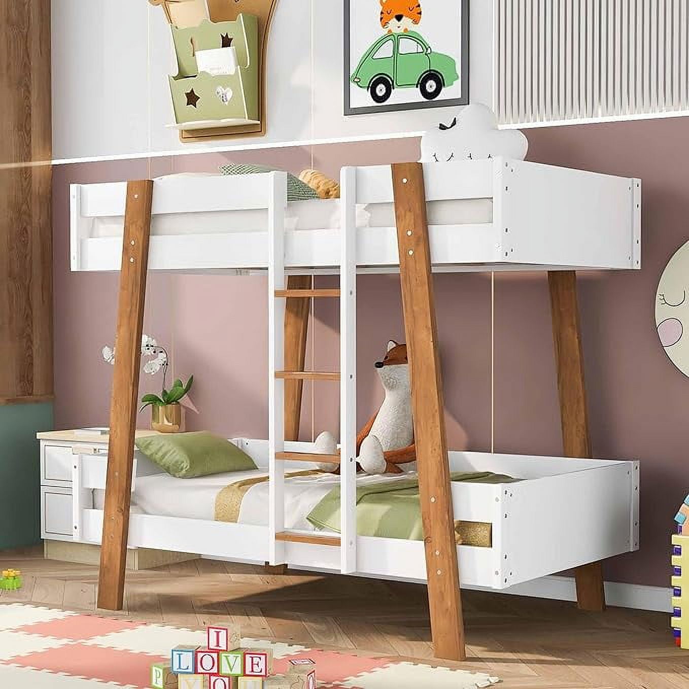 Lostcat Twin Over Twin Bunk Bed with Built-in Ladder and 4 Wood Color ...