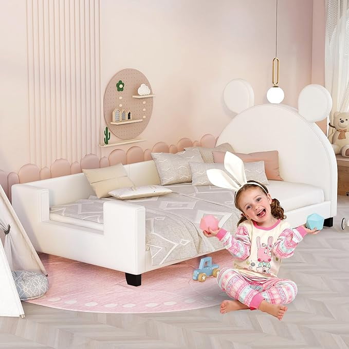 Lostcat Twin Upholstered Daybed with Cartoon Ears, Teddy Fleece, Slat ...