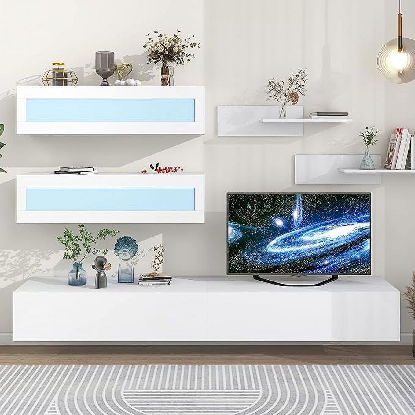 Lostcat Wall Mount Floating TV Stand, 95" Modern High Gloss with Four ...