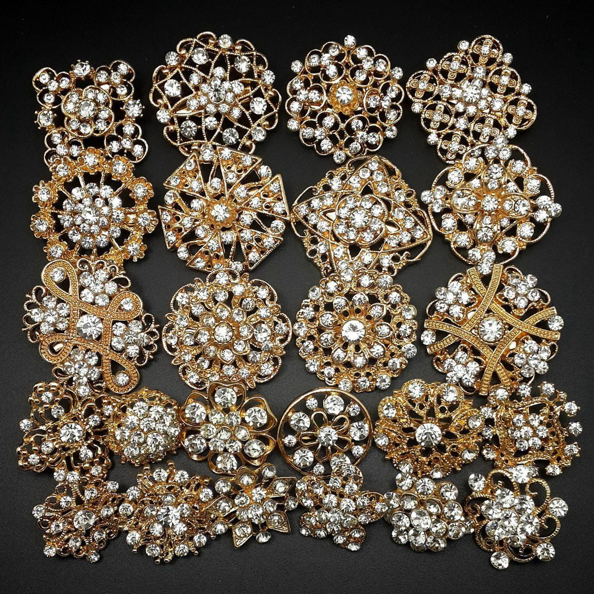 Lot 24 pc Mixed Alloy Golden Rhinestone Crystal Brooch DIY Wedding ...