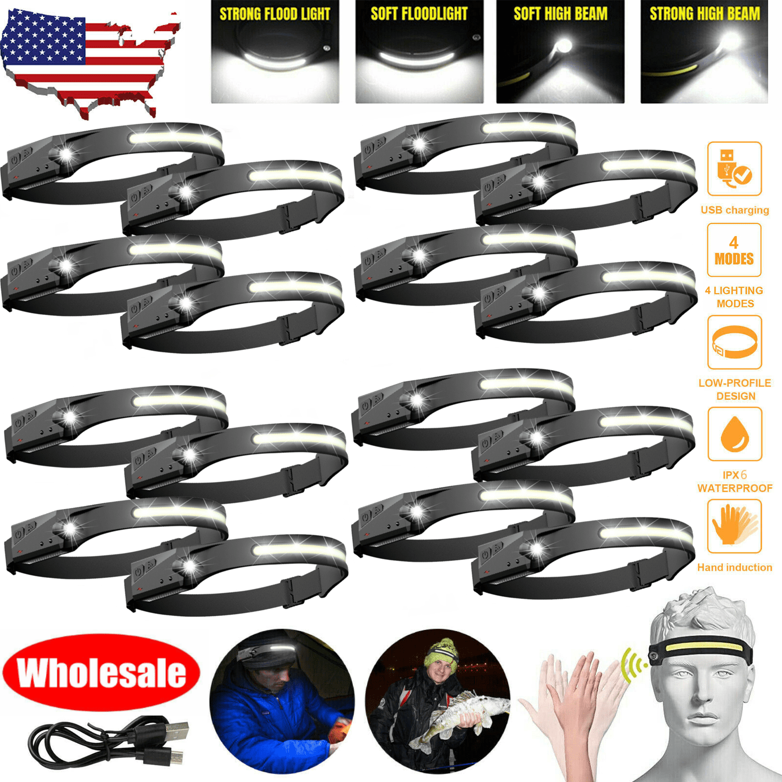 Lot COB LED Headlamp USB Charging Headlight Torch Work Light Bar Head ...