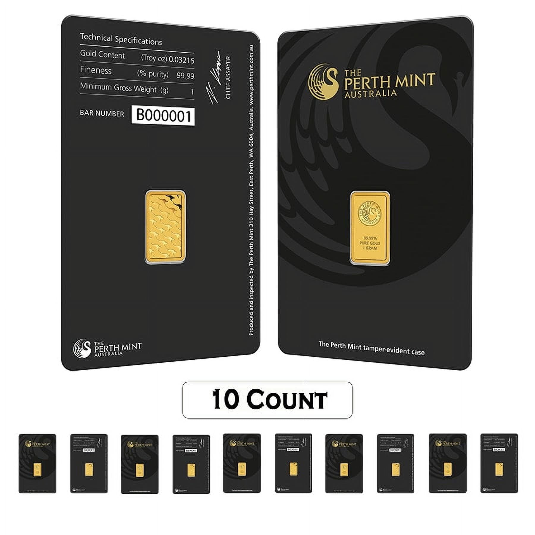 Set of 10, 1g Perth Mint Gold Bars, .9999 Fine Gold, New in Assay ...
