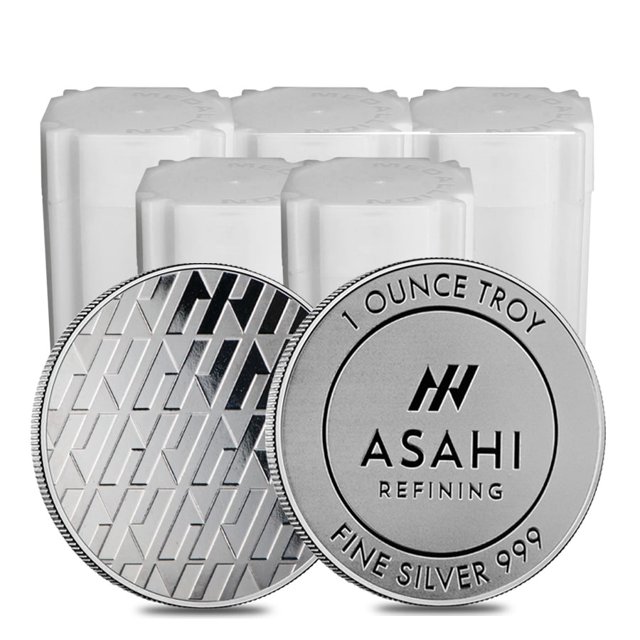Lot of 100 - 1 oz Asahi Silver Round .999 Fine (Lot, 5 Tubes of 20 ...