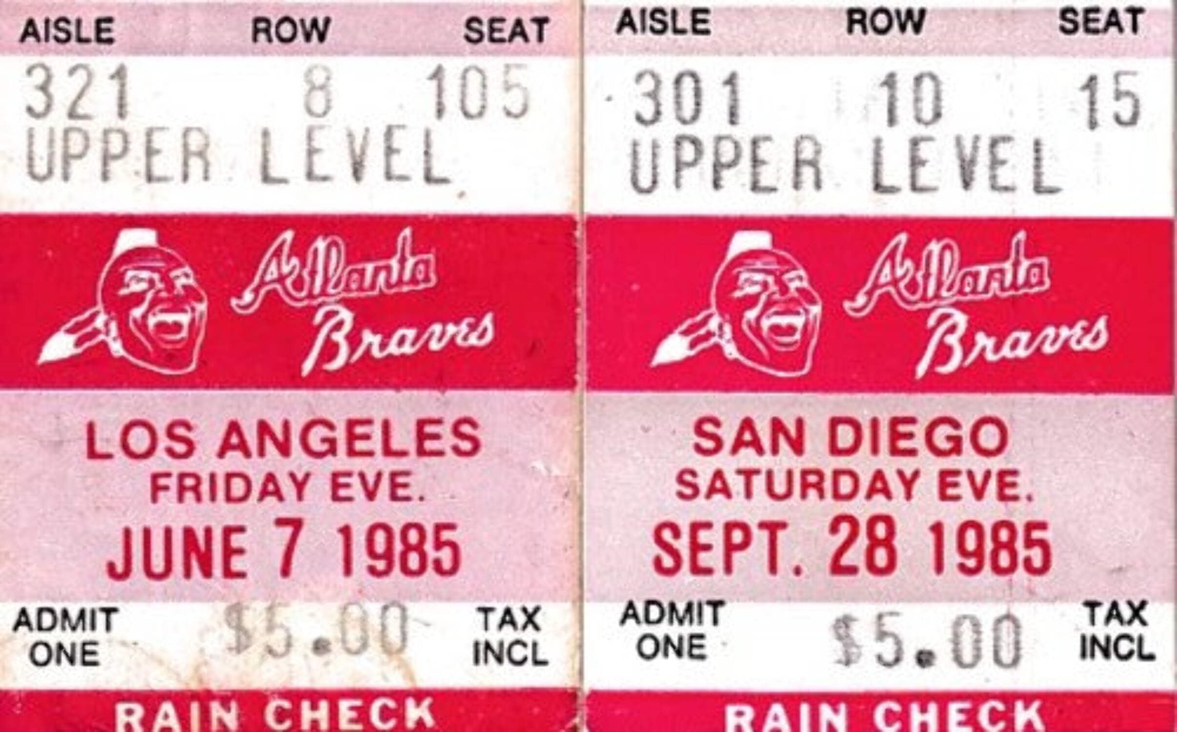Lot of 2 1985 Atlanta Braves ticket stubs vs Dodgers and Padres ...