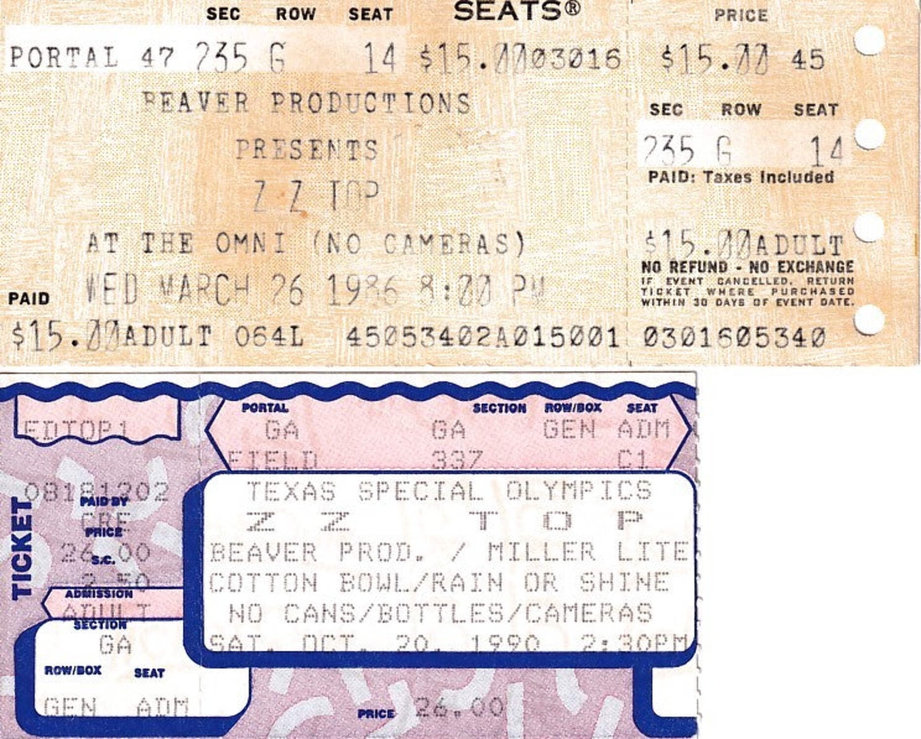 Lot of 2 vintage ZZ Top 1986 and 1990 concert ticket stubs - Walmart.com