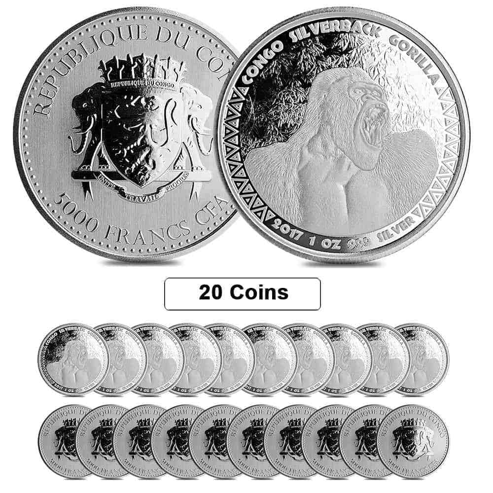 Lot of 20 - 2017 Congo 1 oz Prooflike Silverback Gorilla Silver Coin ...