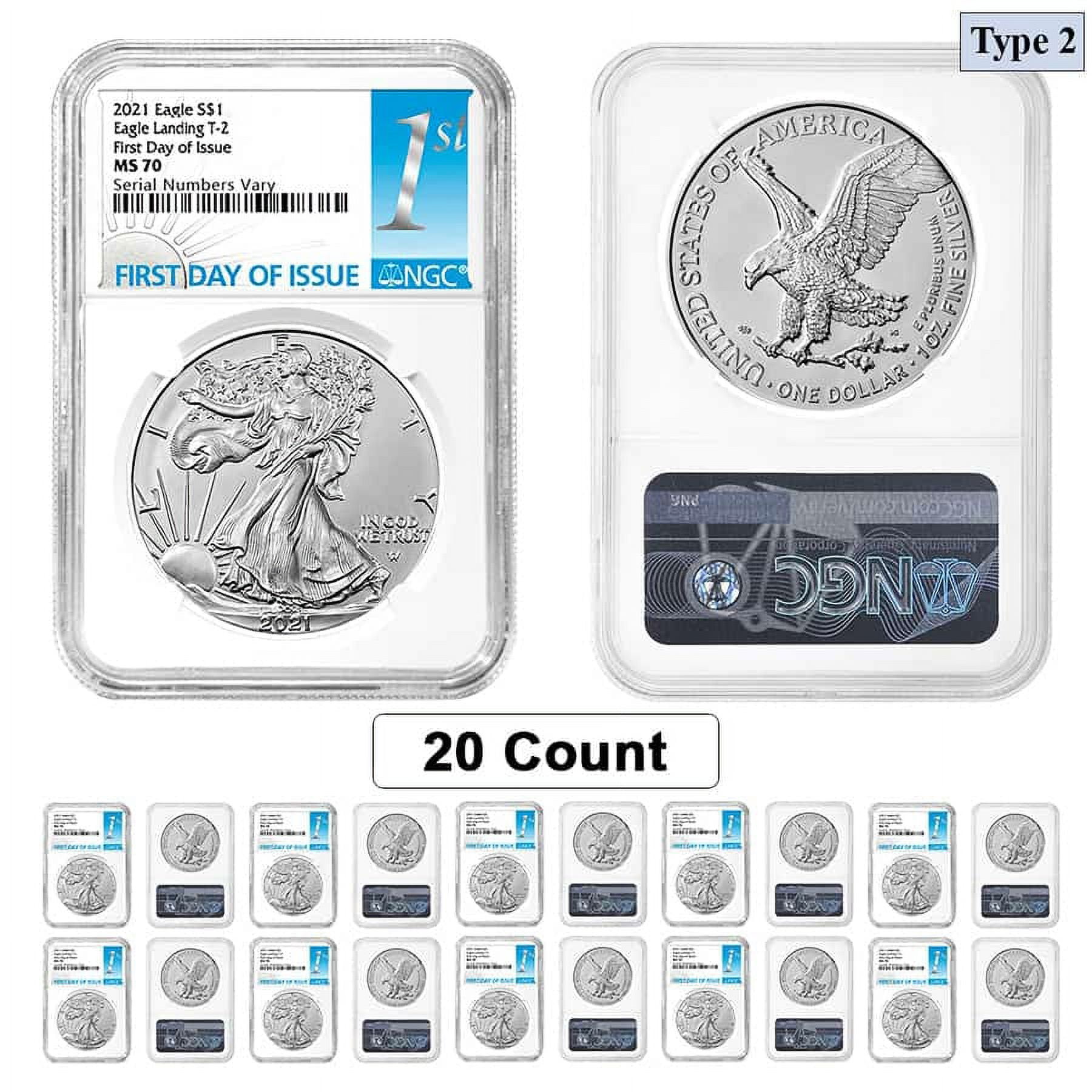 Lot of 20 - 2021 1 oz Silver American Eagle Type 2 NGC MS 70 FDOI ...